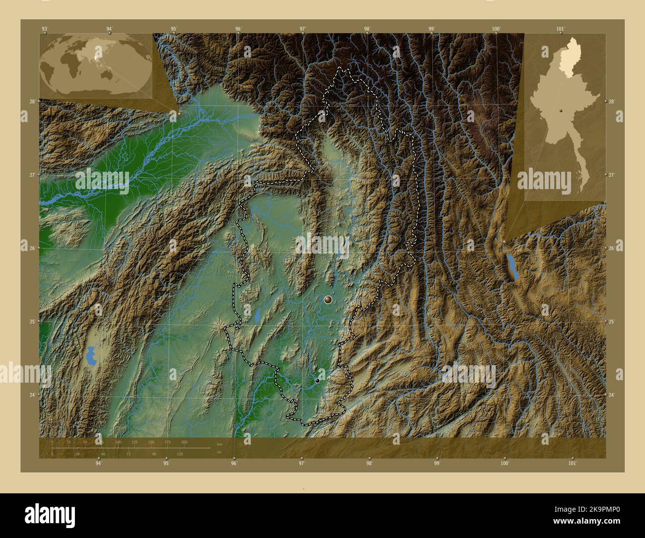 Kachin, state of Myanmar. Colored elevation map with lakes and rivers ...