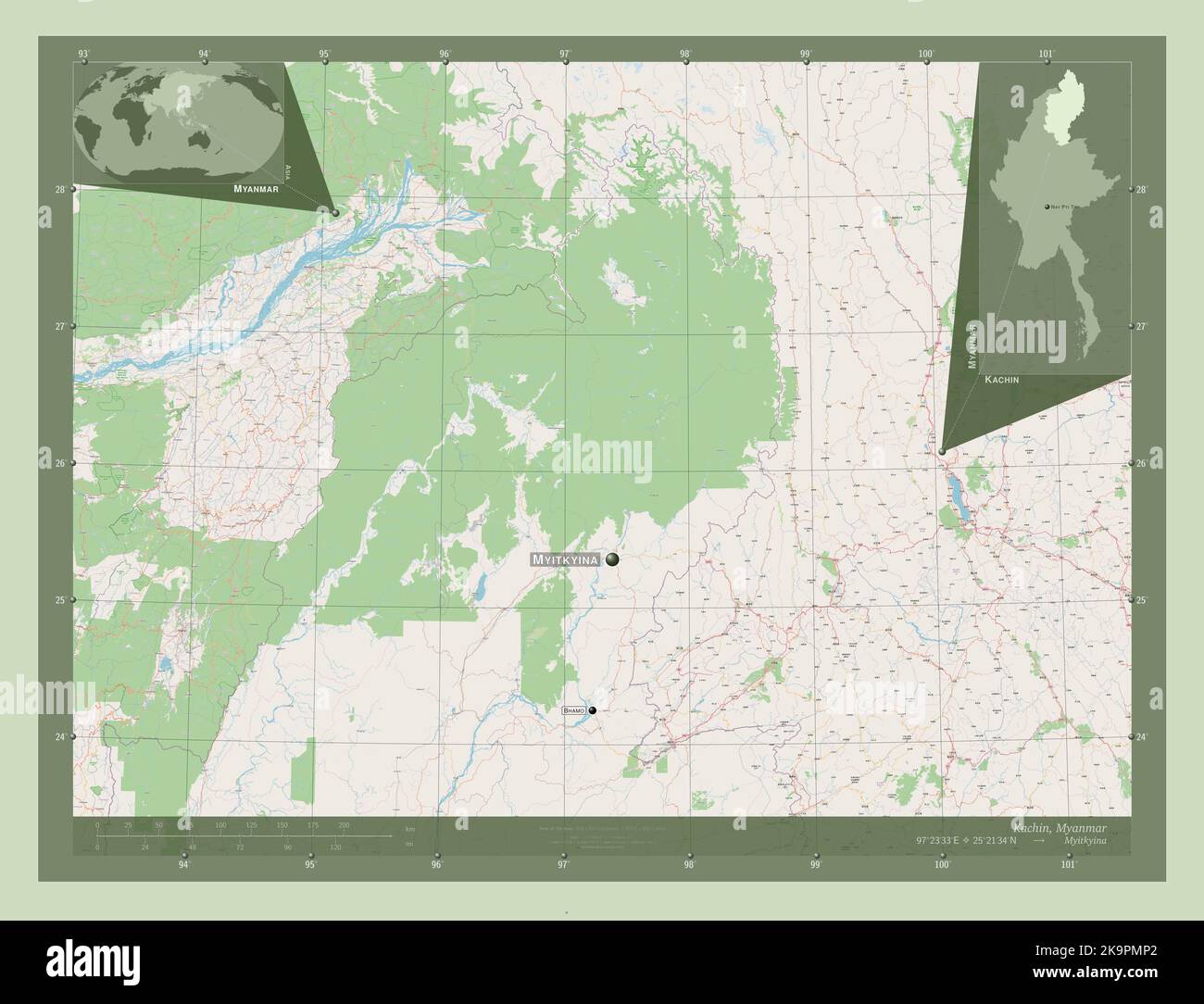 Kachin, state of Myanmar. Open Street Map. Locations and names of major ...