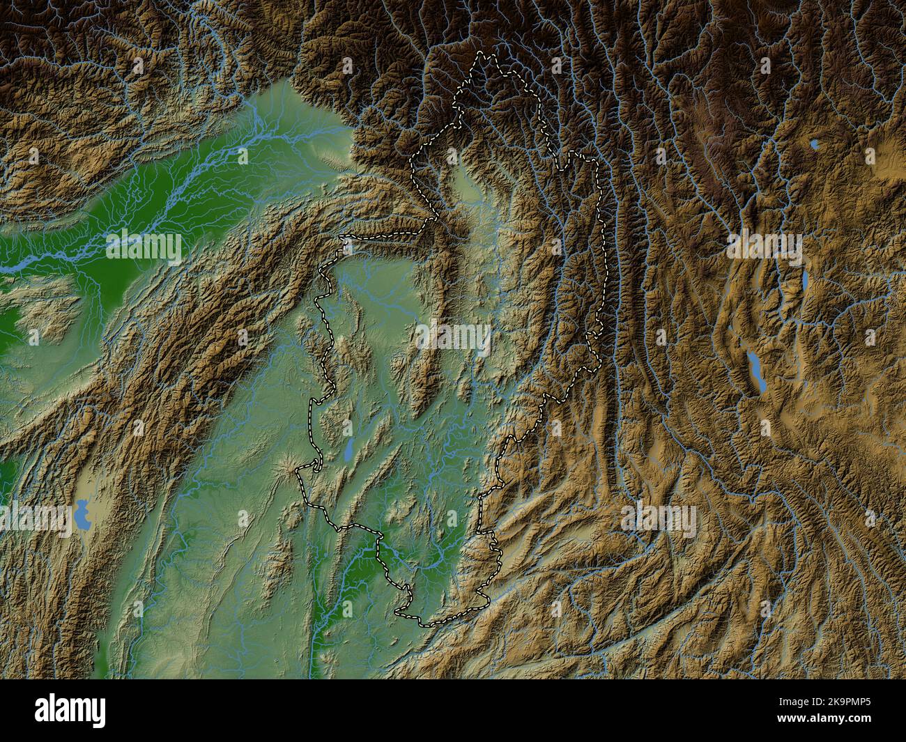 Kachin, state of Myanmar. Colored elevation map with lakes and rivers ...