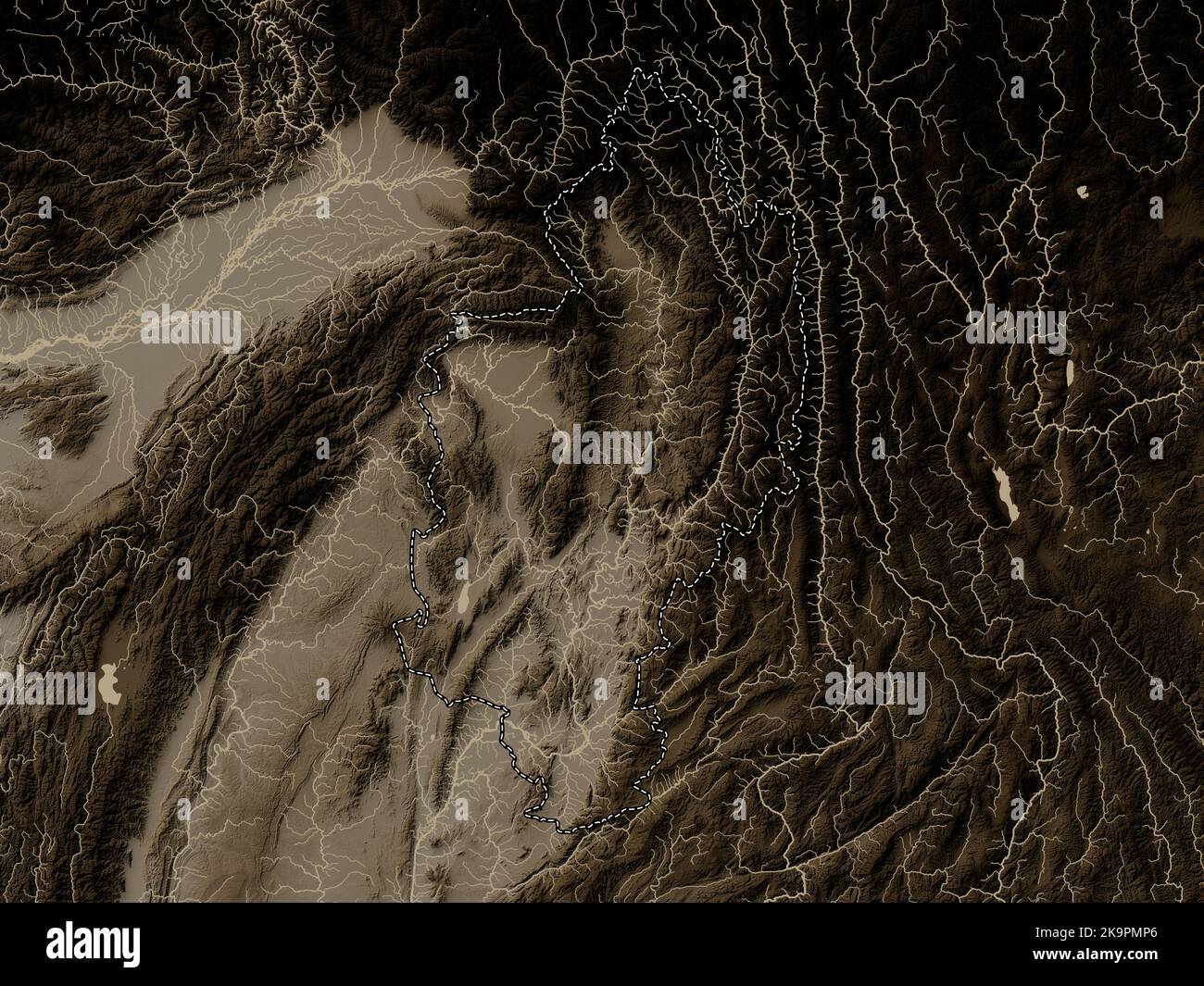Kachin, state of Myanmar. Elevation map colored in sepia tones with ...