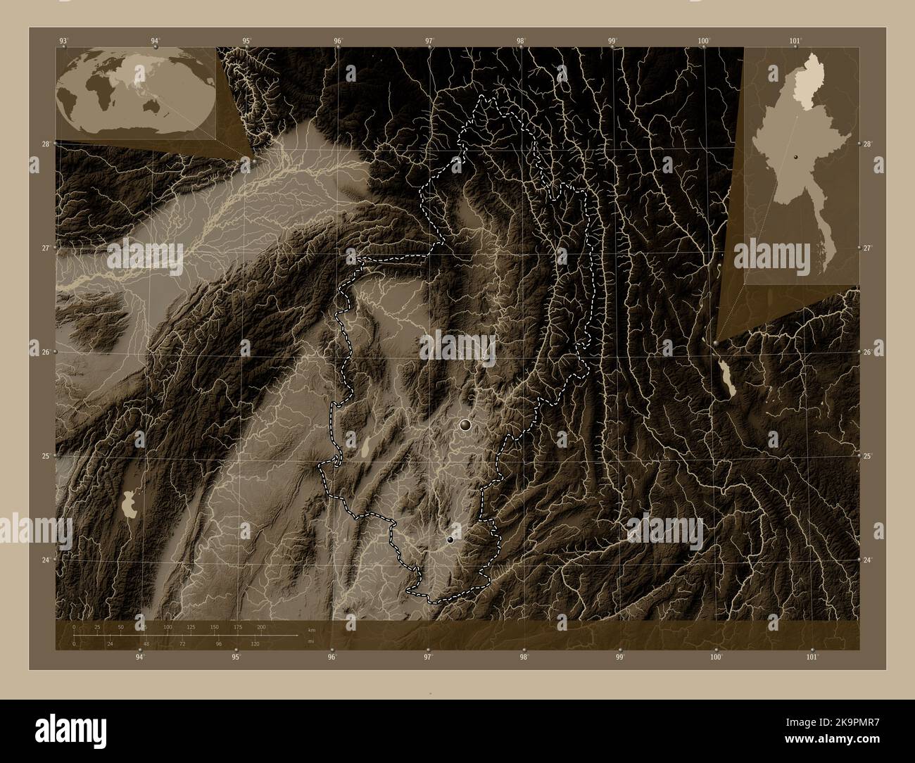 Kachin, state of Myanmar. Elevation map colored in sepia tones with ...