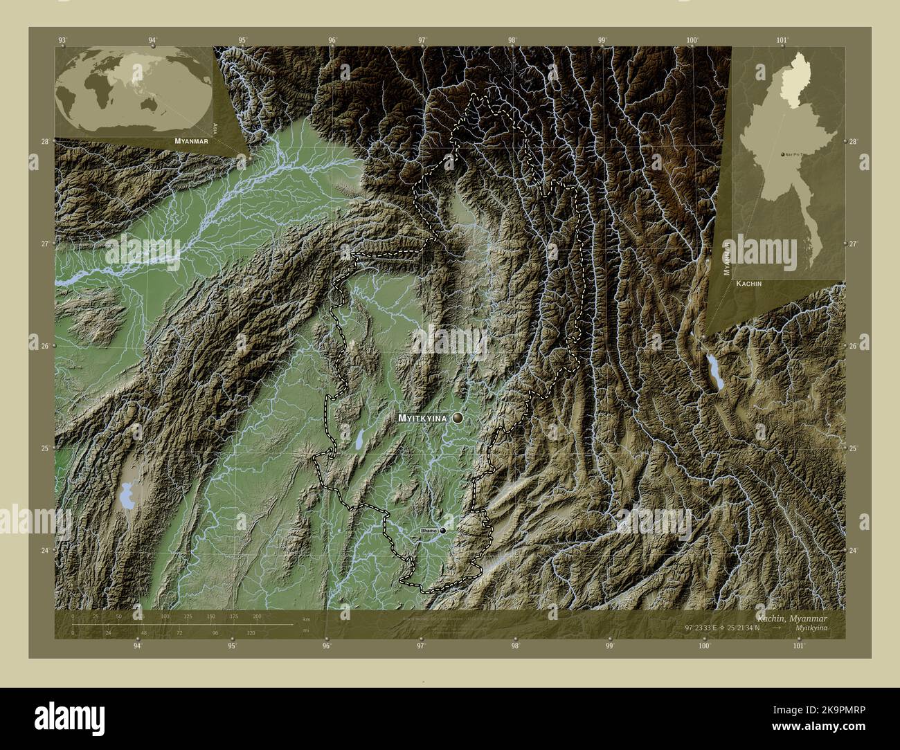 Kachin, state of Myanmar. Elevation map colored in wiki style with ...