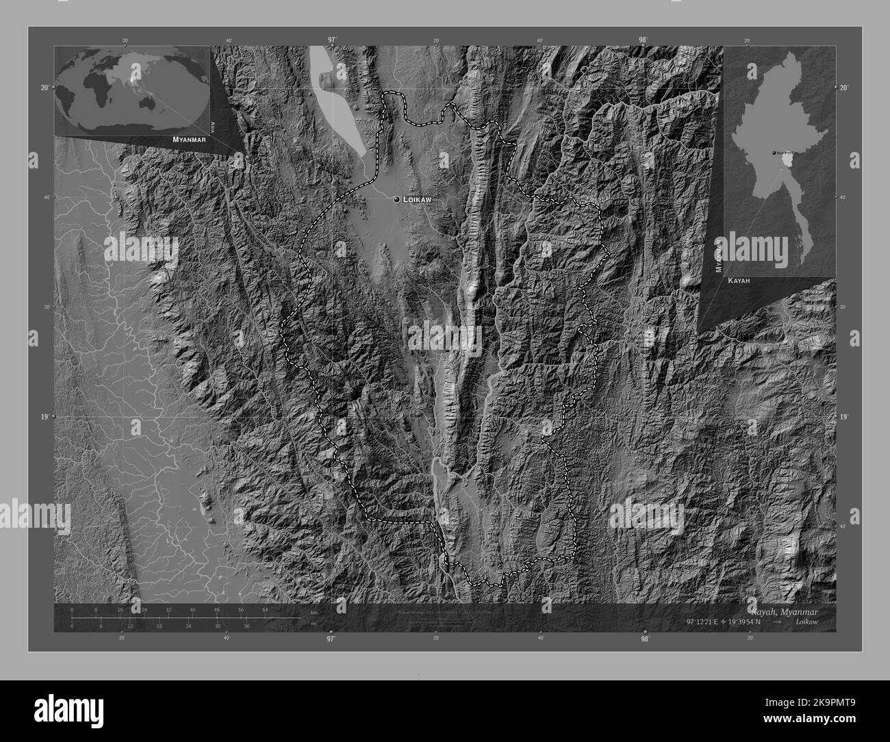 Kayah, state of Myanmar. Bilevel elevation map with lakes and rivers ...