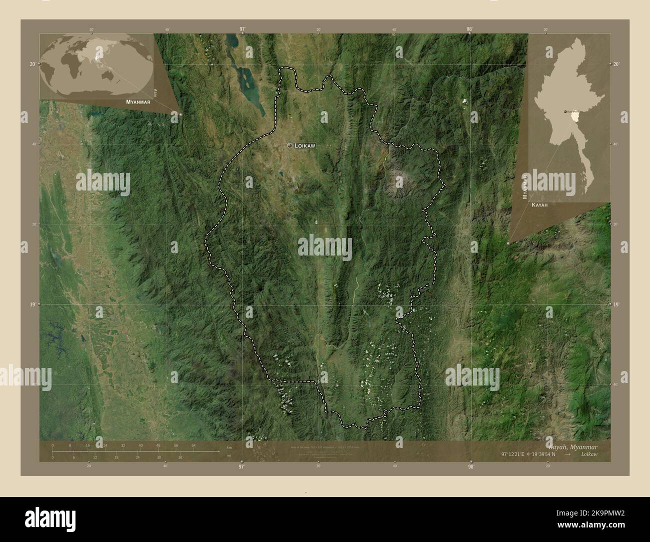 Kayah, state of Myanmar. High resolution satellite map. Locations and ...