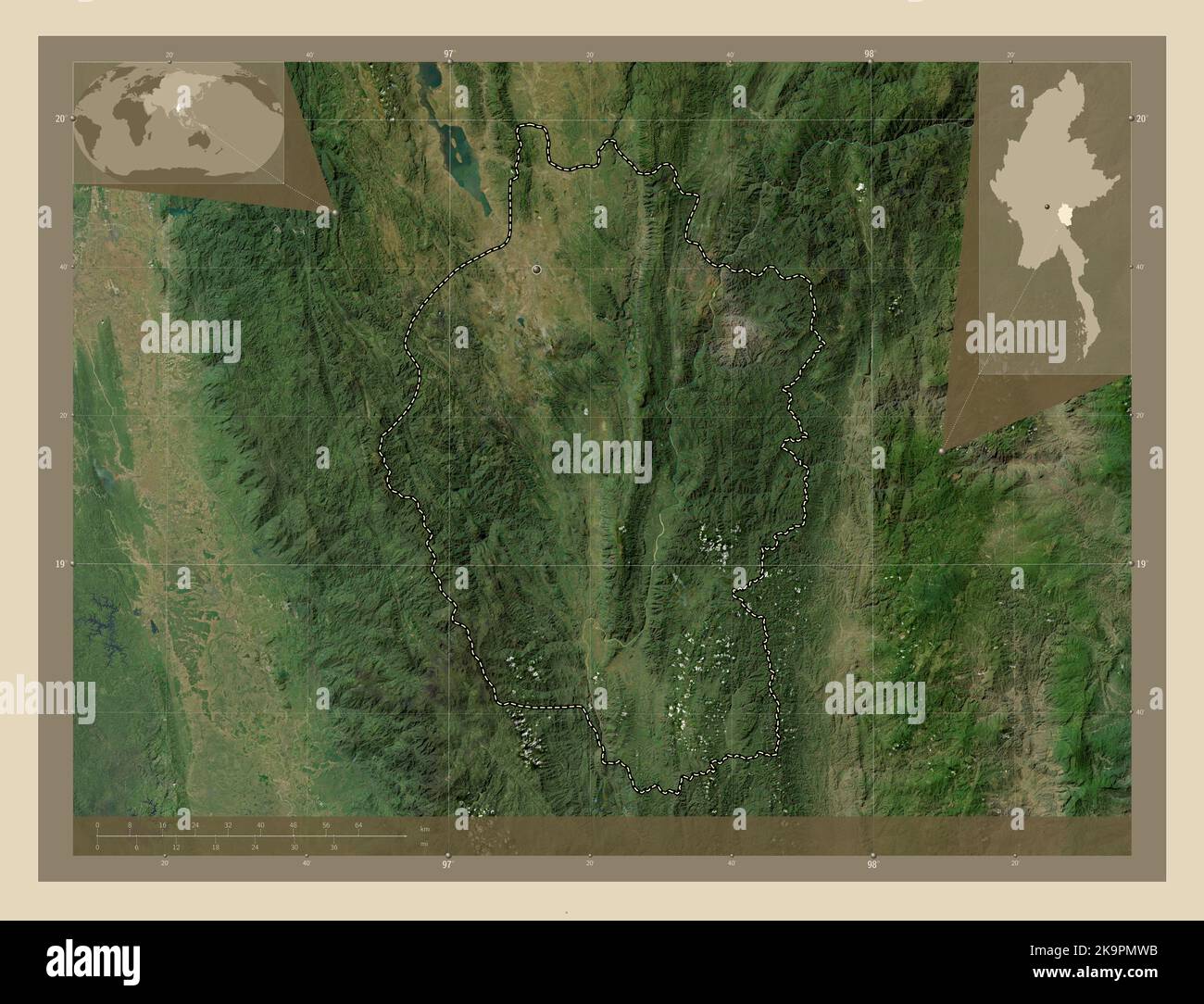 Kayah, state of Myanmar. High resolution satellite map. Corner ...