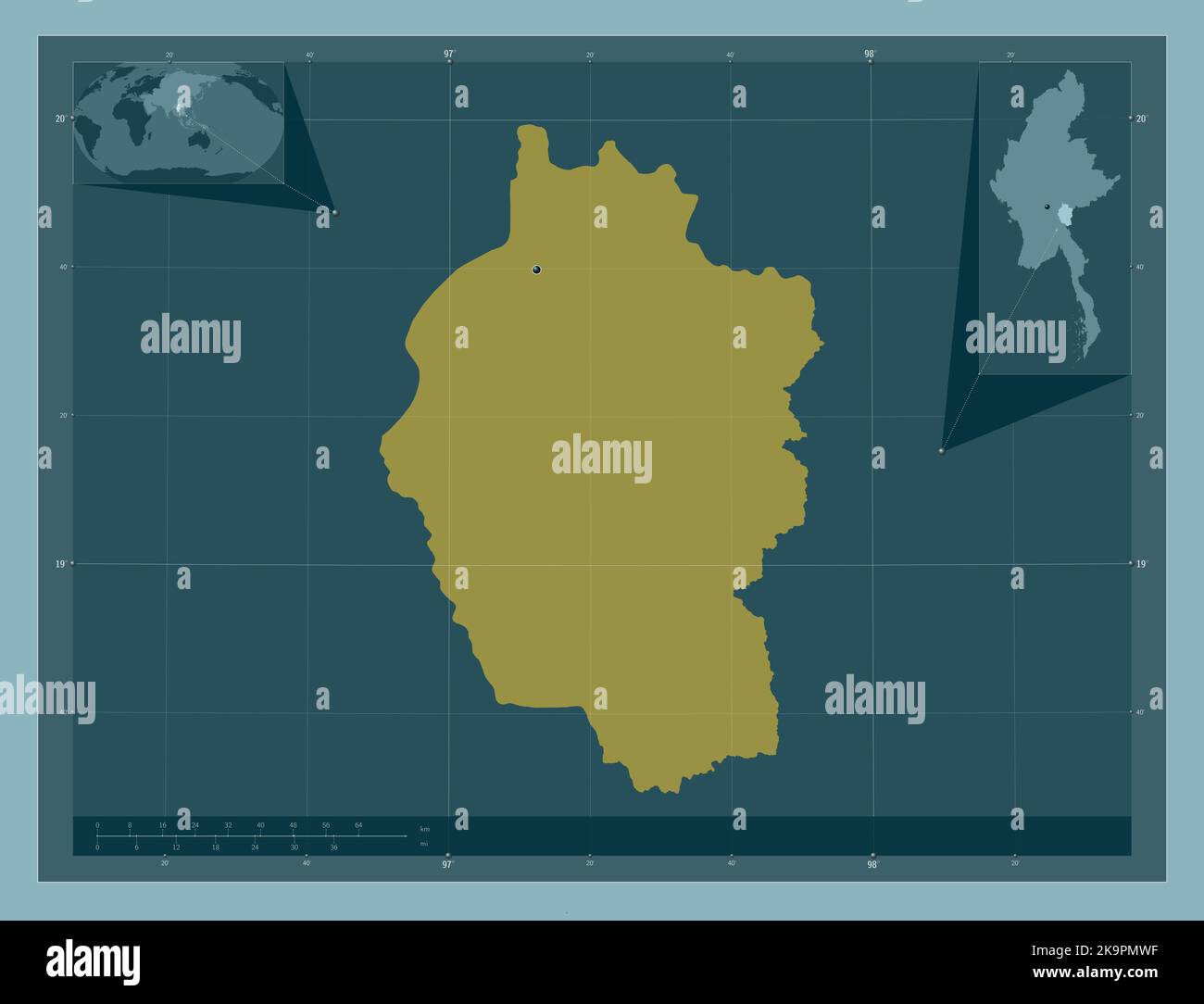 Kayah, state of Myanmar. Solid color shape. Locations of major cities ...