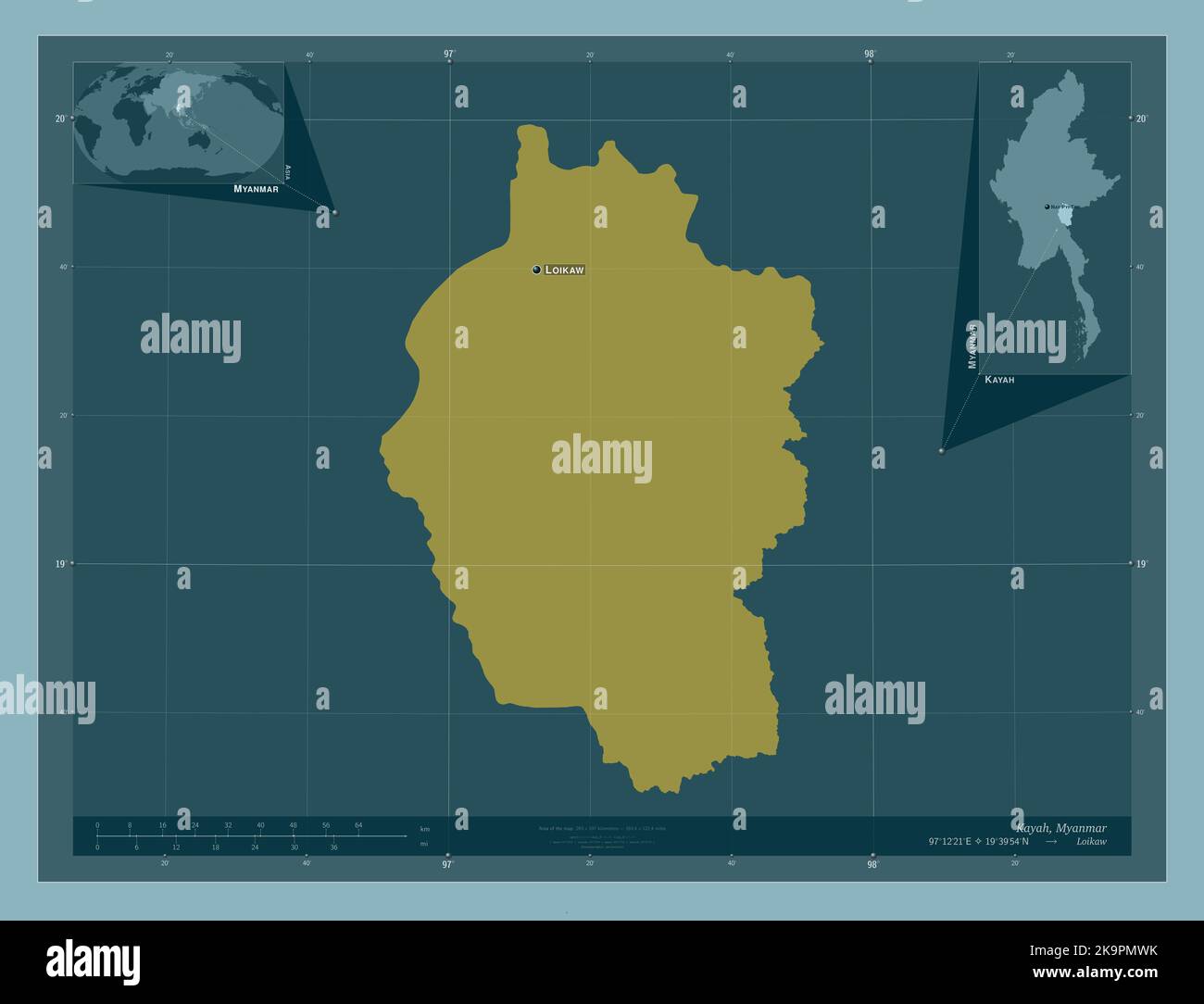 Kayah, state of Myanmar. Solid color shape. Locations and names of ...