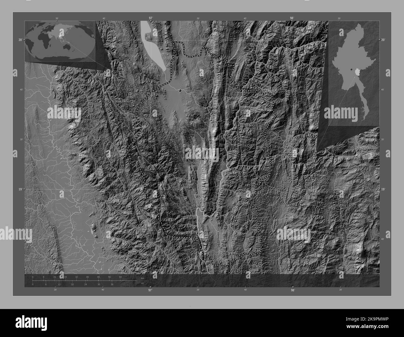 Kayah, state of Myanmar. Bilevel elevation map with lakes and rivers ...