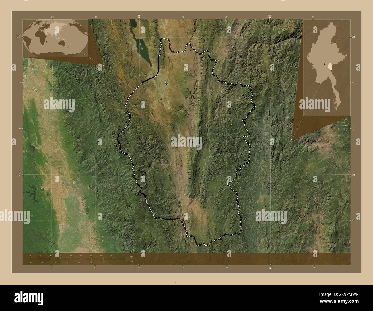 Kayah, state of Myanmar. Low resolution satellite map. Locations of ...