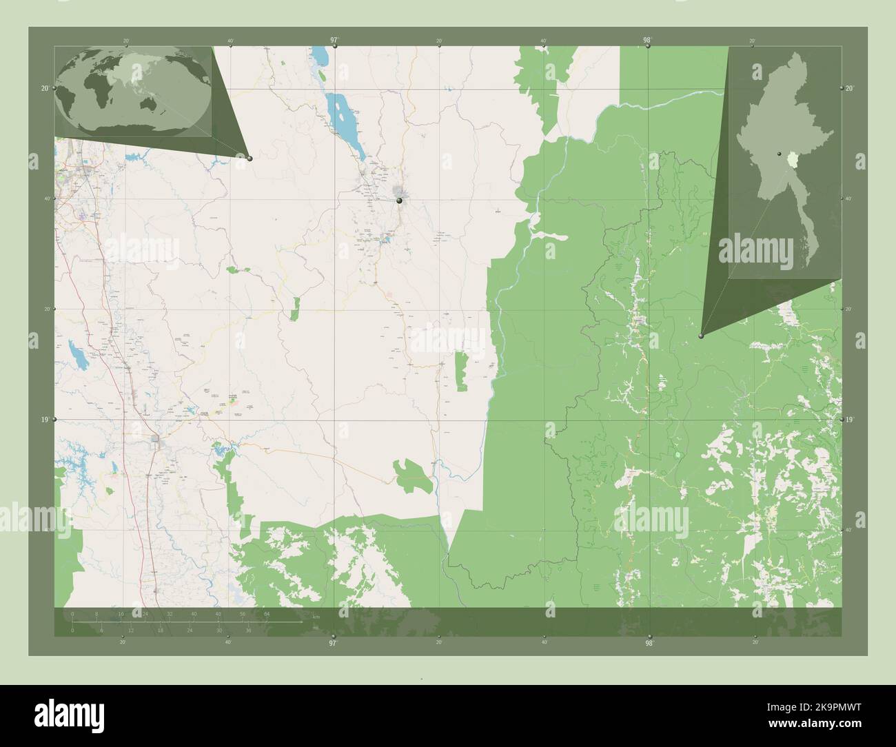 Kayah, state of Myanmar. Open Street Map. Locations of major cities of ...