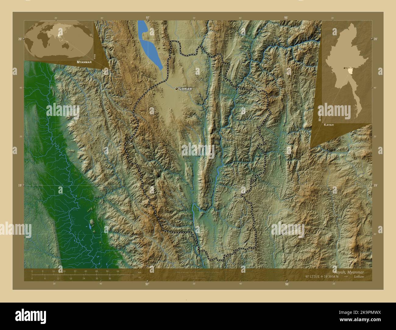 Kayah, state of Myanmar. Colored elevation map with lakes and rivers ...