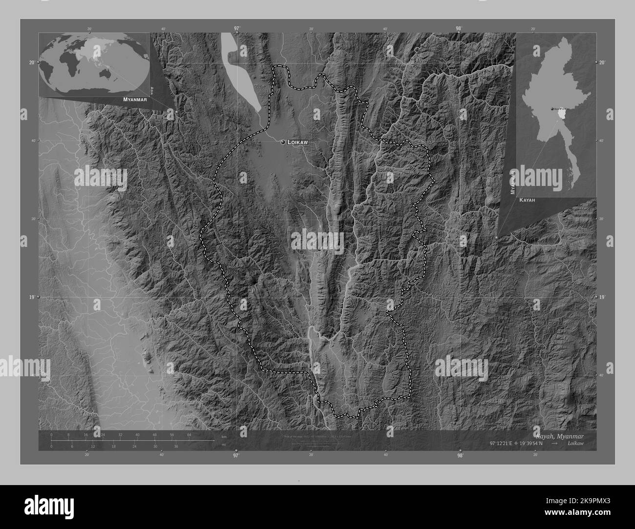 Kayah, state of Myanmar. Grayscale elevation map with lakes and rivers ...