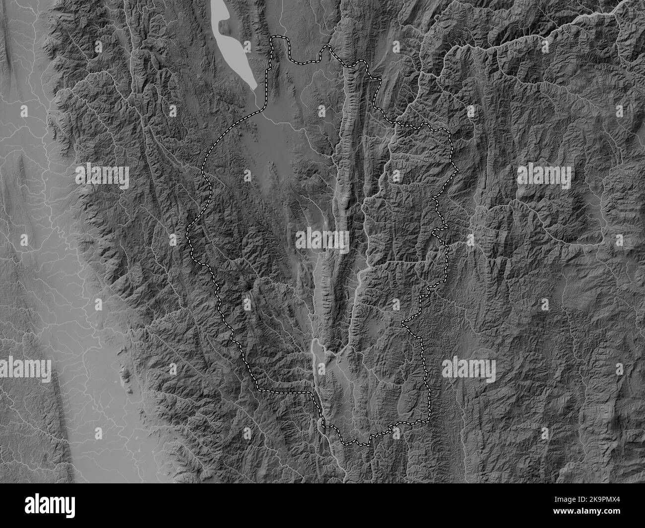 Kayah, state of Myanmar. Grayscale elevation map with lakes and rivers ...