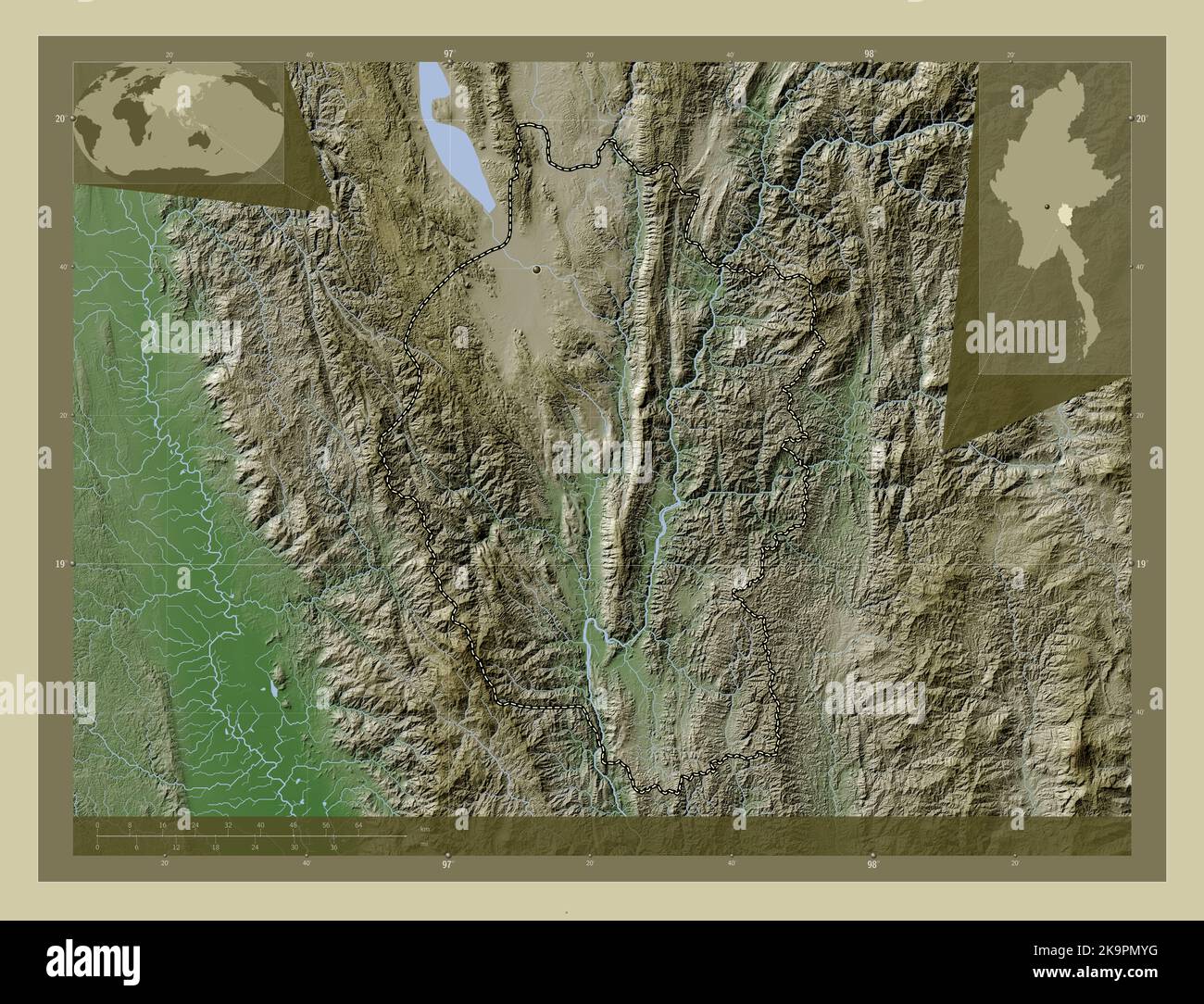 Kayah, state of Myanmar. Elevation map colored in wiki style with lakes ...
