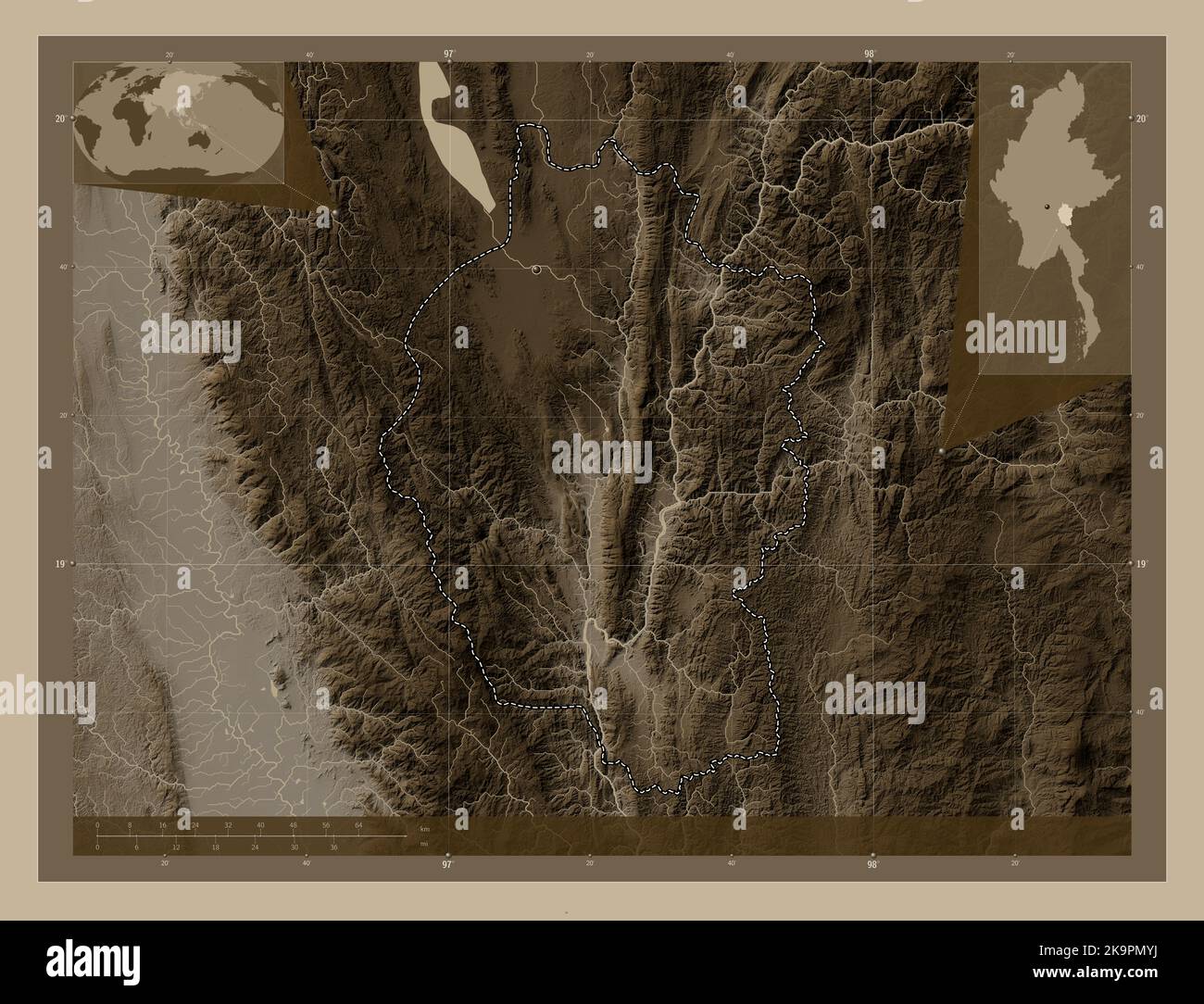 Kayah, state of Myanmar. Elevation map colored in sepia tones with ...