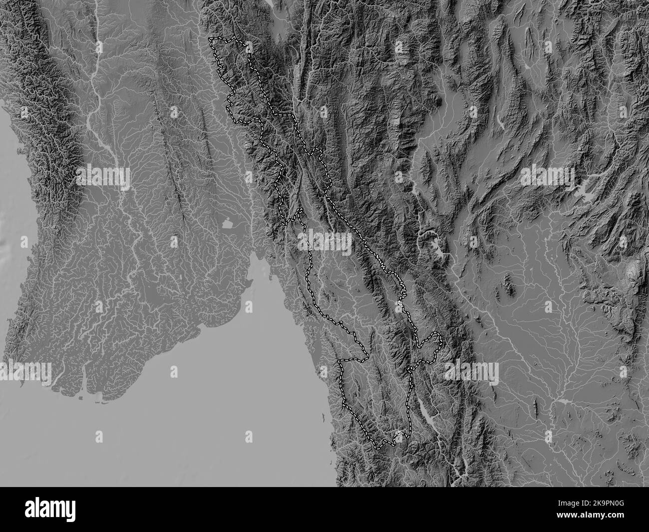 Kayin, state of Myanmar. Bilevel elevation map with lakes and rivers ...