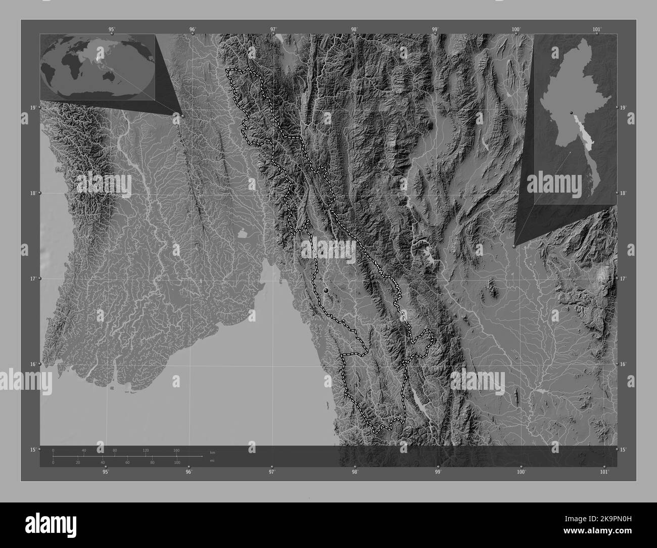 Kayin, state of Myanmar. Bilevel elevation map with lakes and rivers ...