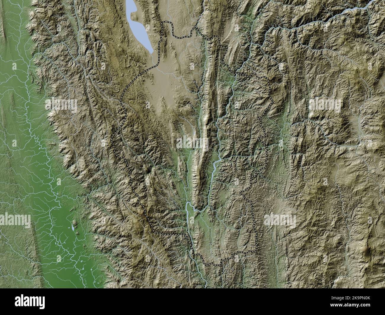 Kayah, state of Myanmar. Elevation map colored in wiki style with lakes ...