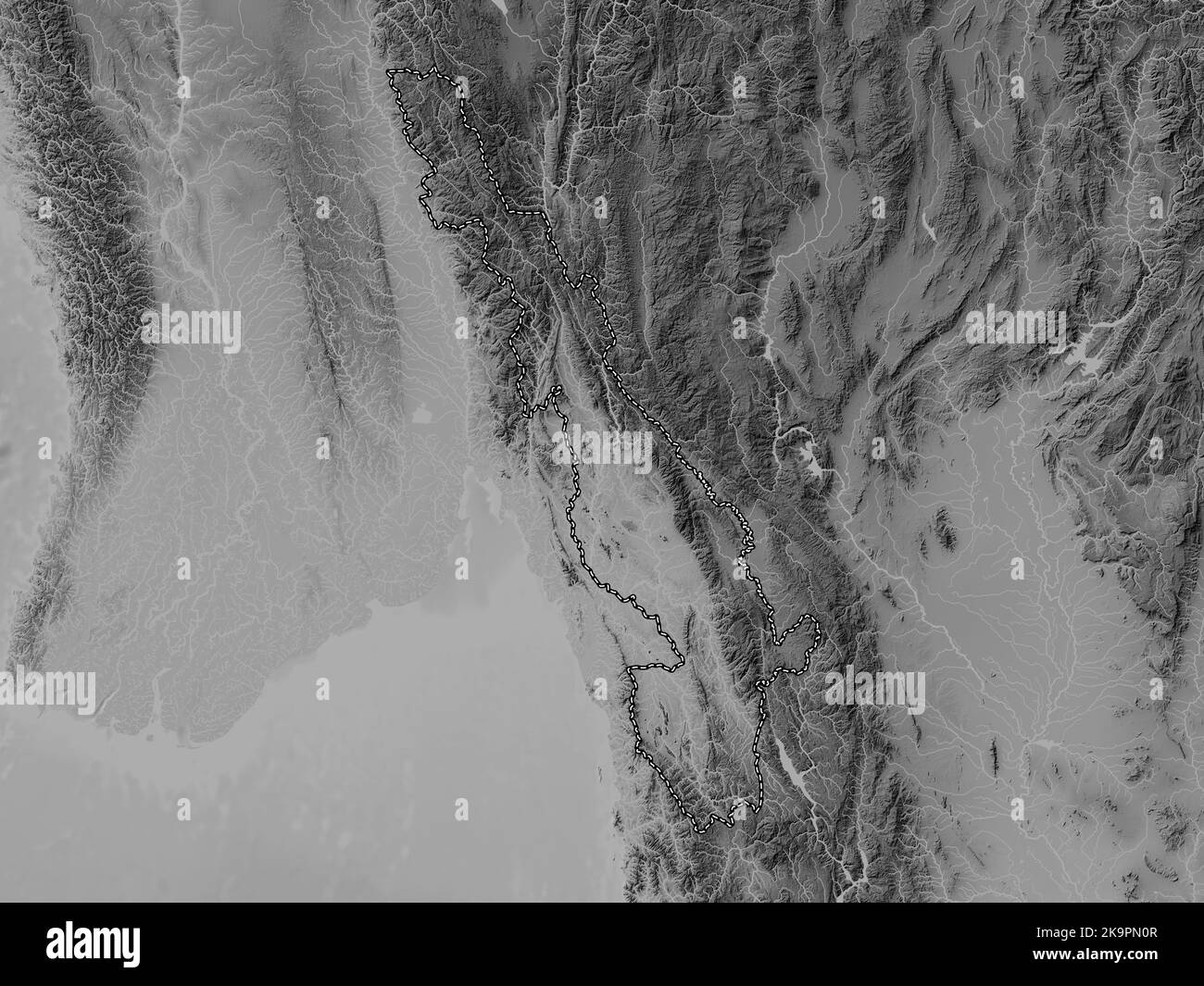 Kayin, state of Myanmar. Grayscale elevation map with lakes and rivers ...
