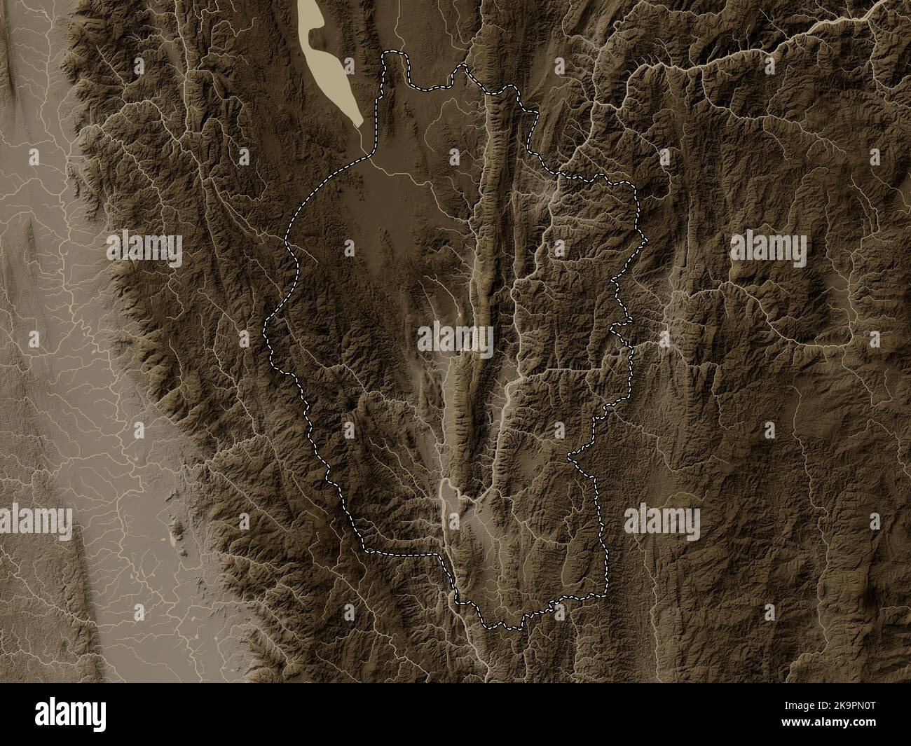 Kayah, state of Myanmar. Elevation map colored in sepia tones with ...