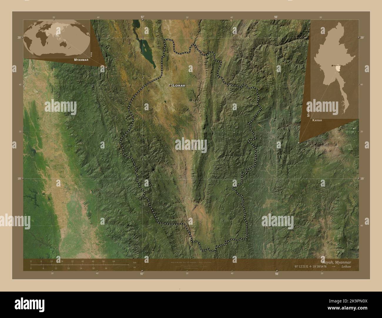 Kayah, state of Myanmar. Low resolution satellite map. Locations and ...