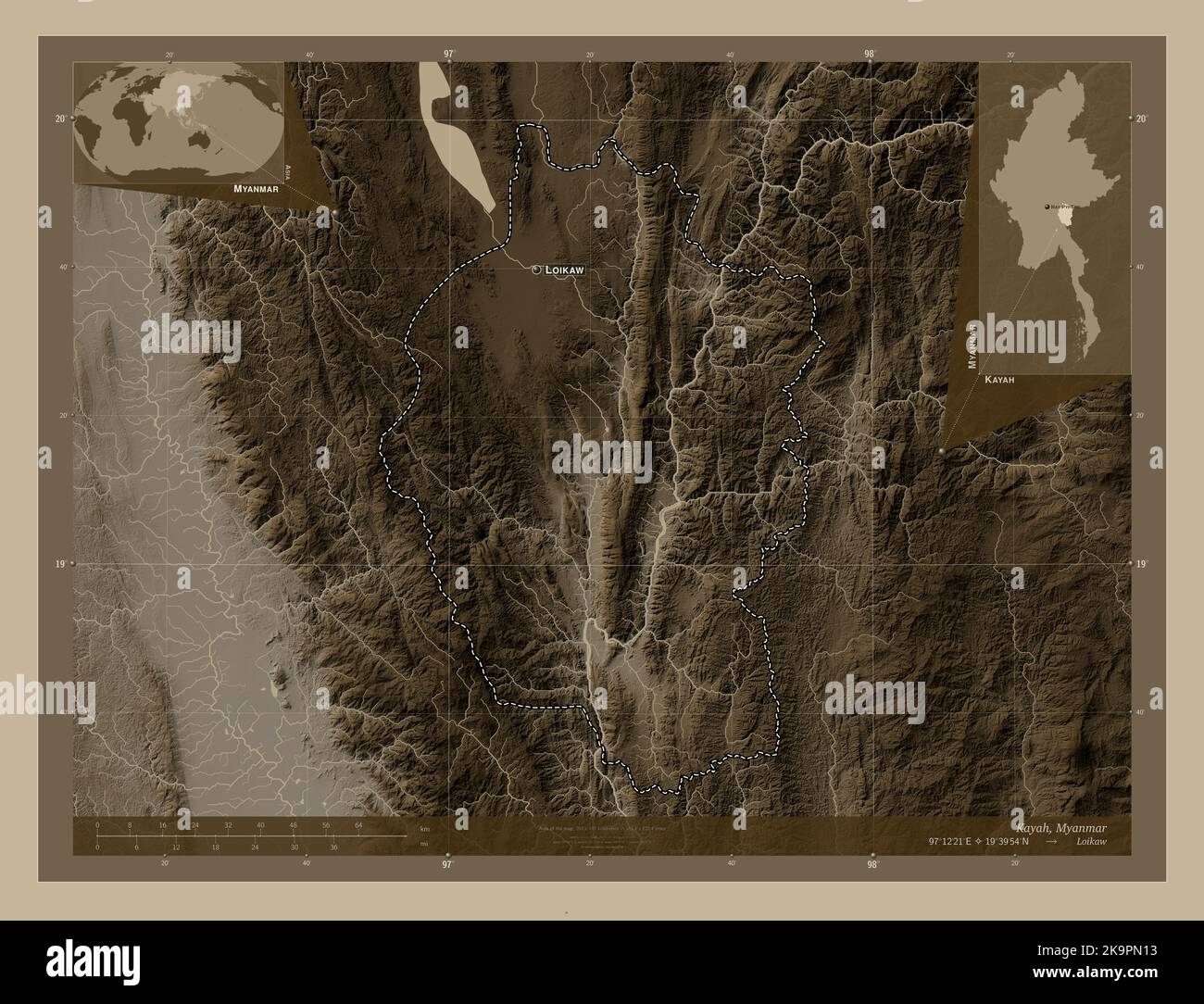 Kayah, state of Myanmar. Elevation map colored in sepia tones with ...