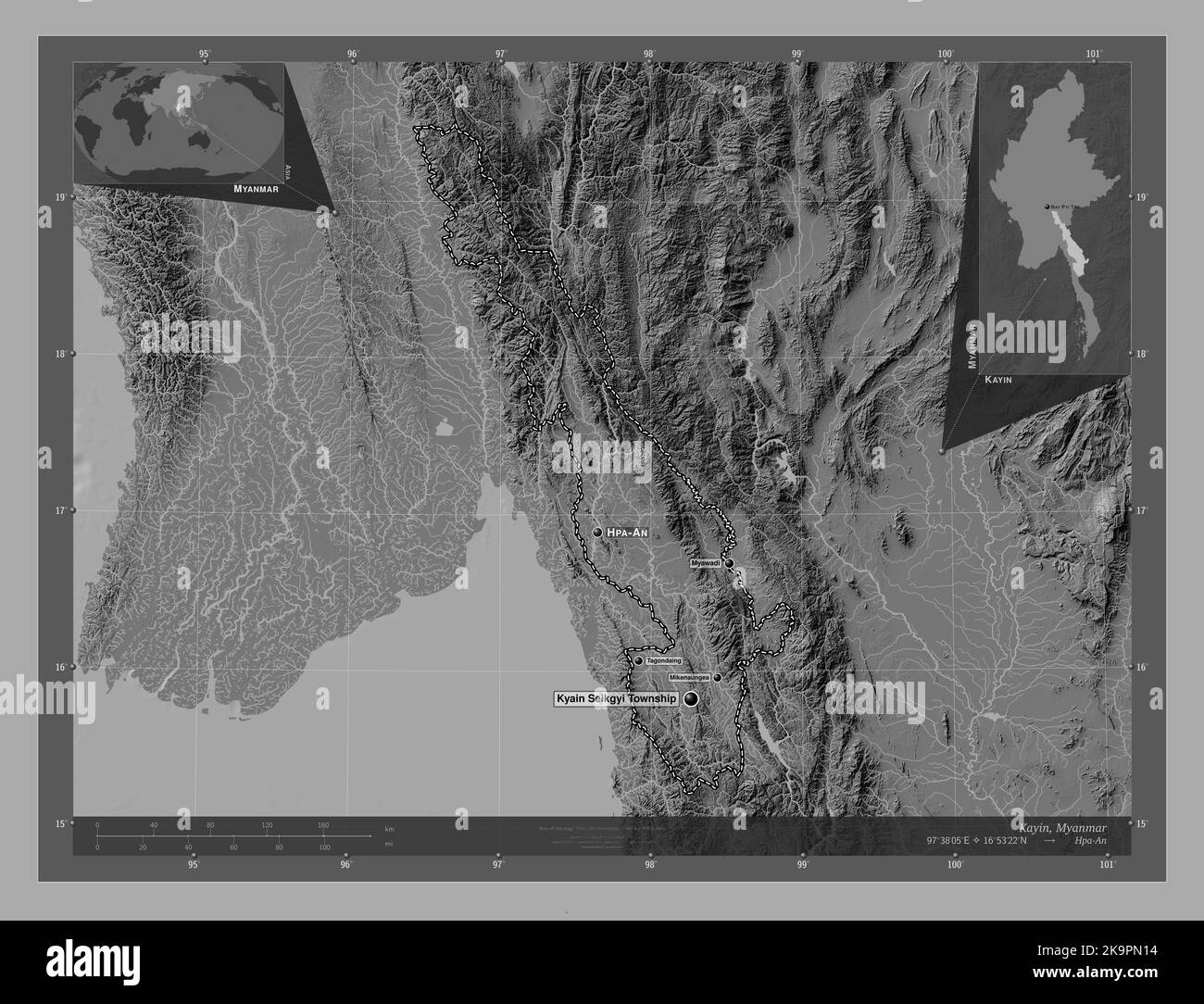 Kayin, state of Myanmar. Bilevel elevation map with lakes and rivers ...