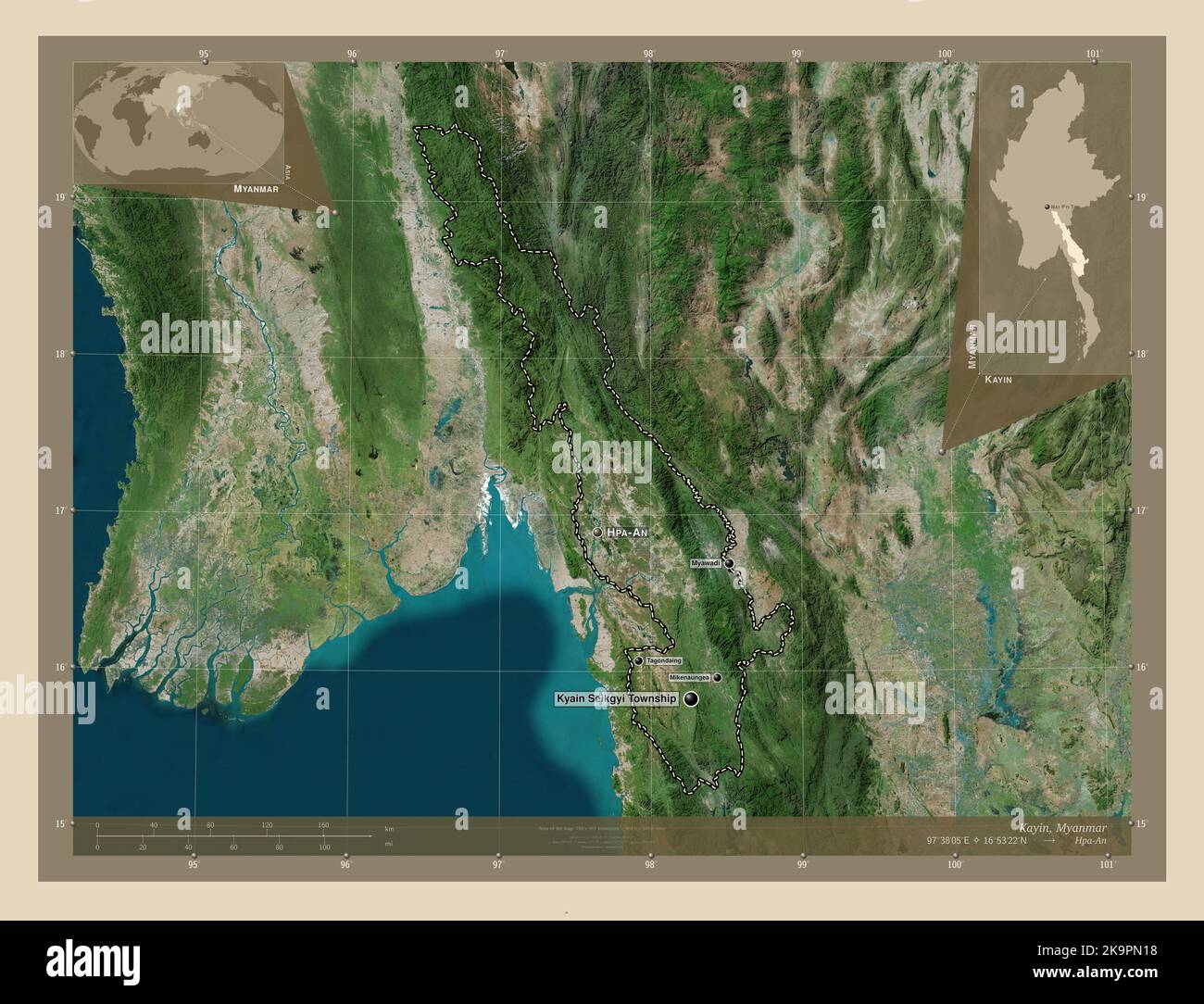 Kayin, state of Myanmar. High resolution satellite map. Locations and names of major cities of ...