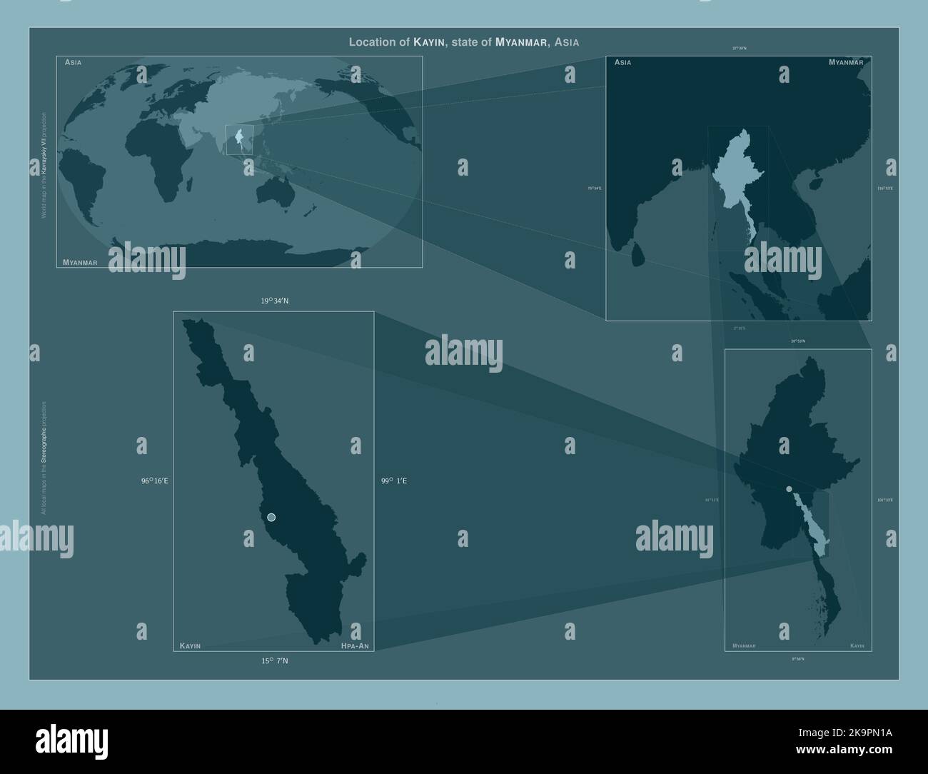 Kayin, state of Myanmar. Diagram showing the location of the region on ...