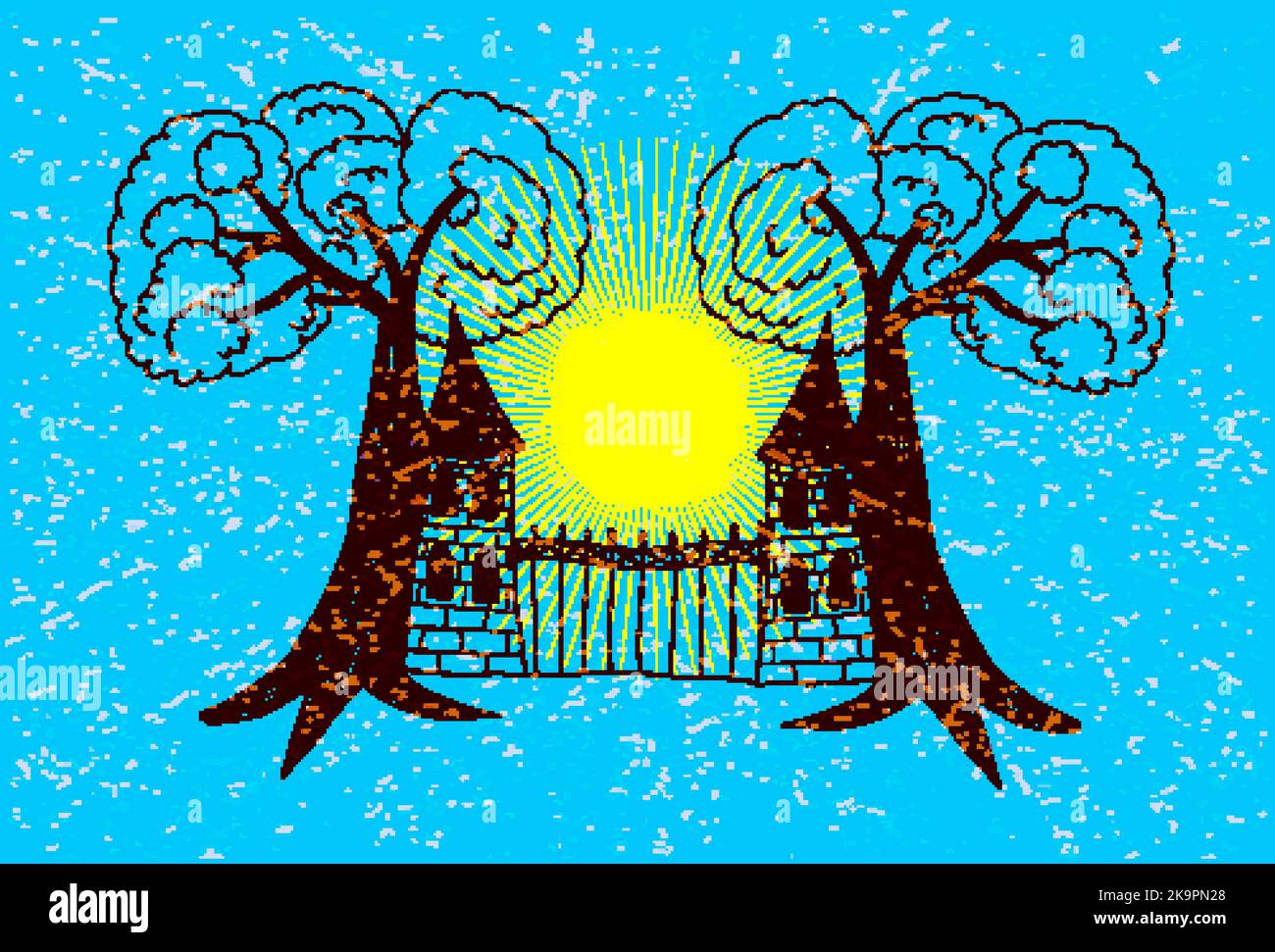 Blue abstract background with two trees and castle Stock Vector Image ...