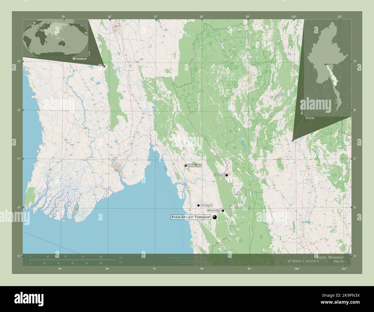 Kayin, state of Myanmar. Open Street Map. Locations and names of major ...
