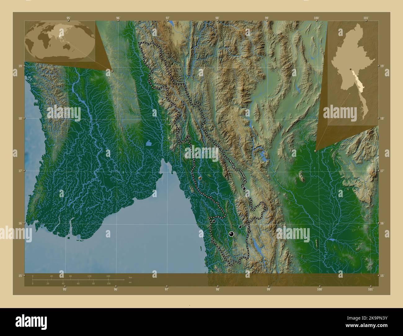 Kayin, state of Myanmar. Colored elevation map with lakes and rivers ...