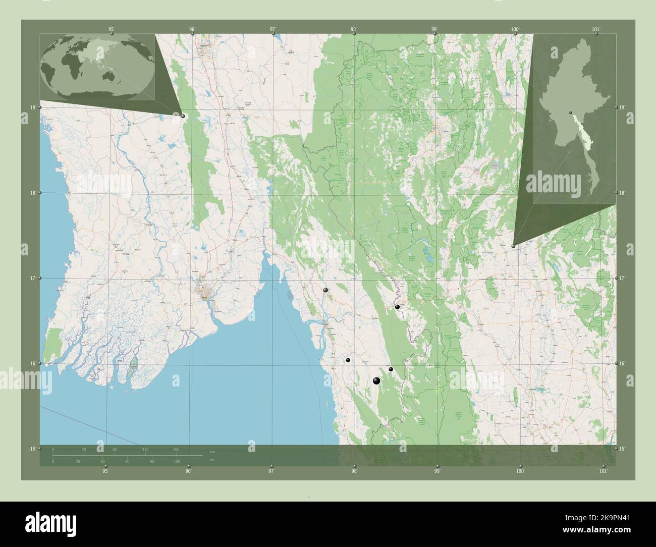 Kayin, state of Myanmar. Open Street Map. Locations of major cities of ...