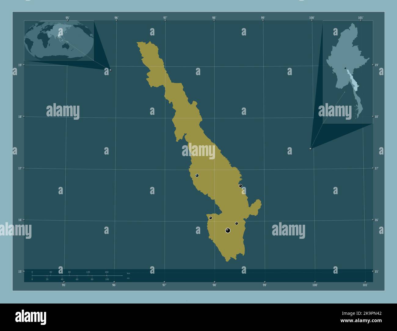 Kayin, state of Myanmar. Solid color shape. Locations of major cities ...