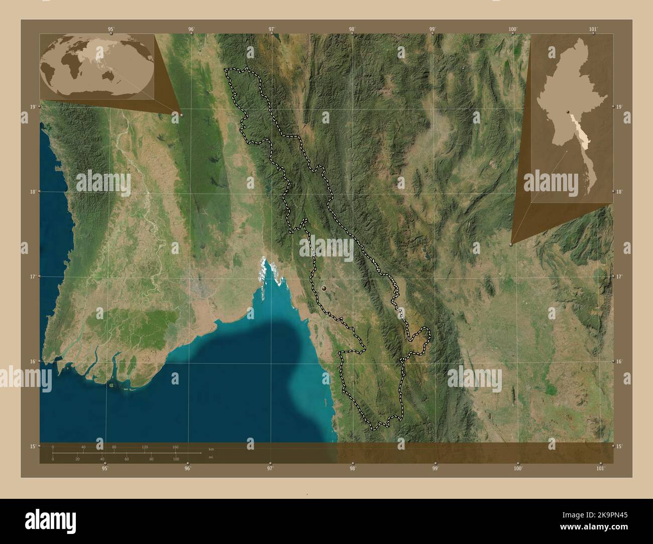 Kayin, state of Myanmar. Low resolution satellite map. Corner auxiliary ...