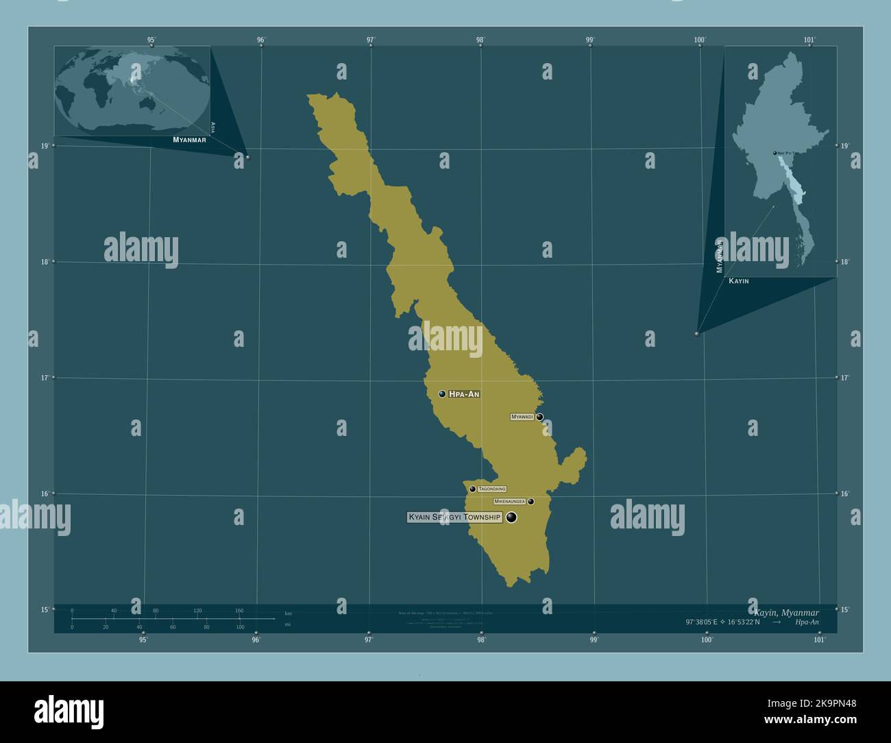 Kayin, state of Myanmar. Solid color shape. Locations and names of ...