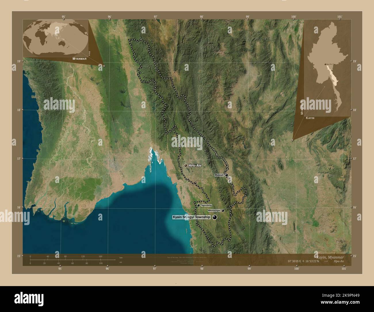 Kayin, state of Myanmar. Low resolution satellite map. Locations and ...