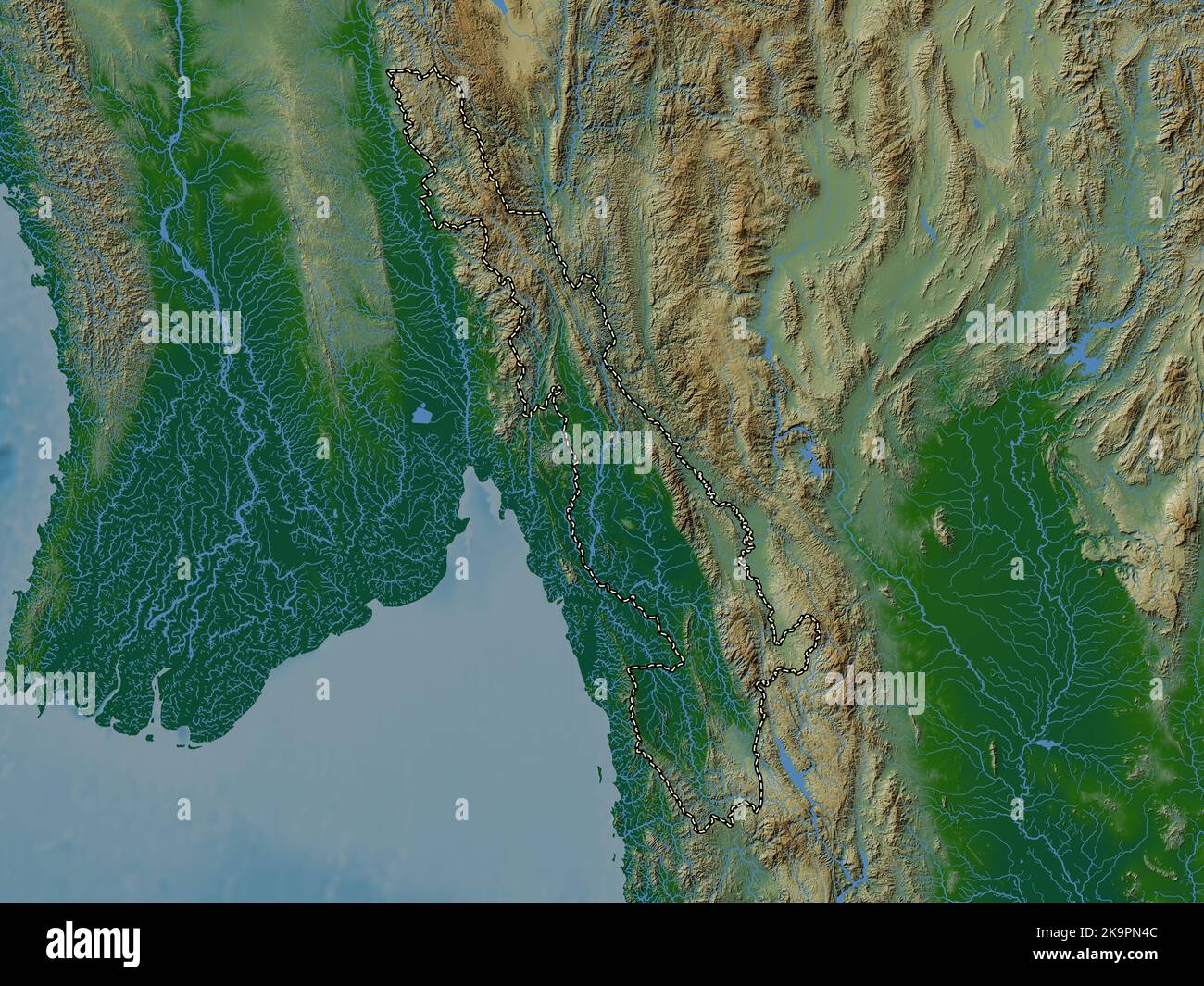 Kayin, state of Myanmar. Colored elevation map with lakes and rivers ...