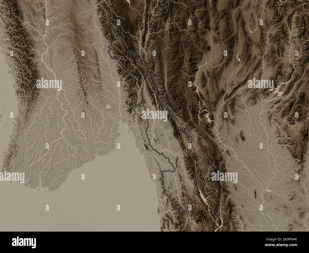 Kayin, state of Myanmar. Elevation map colored in sepia tones with ...