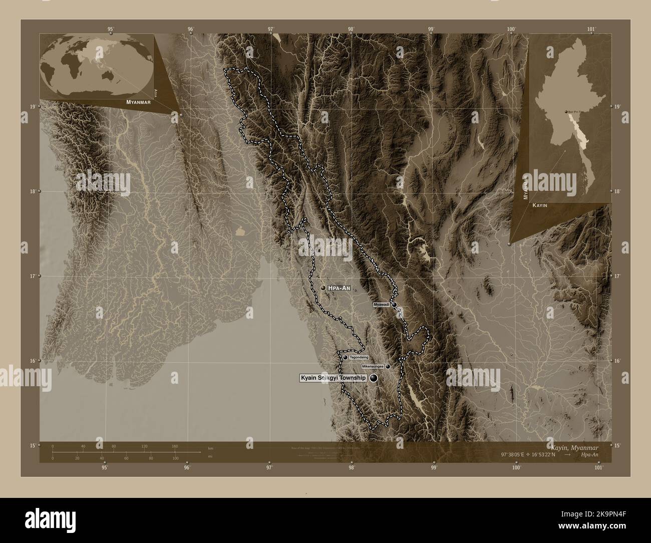Kayin, state of Myanmar. Elevation map colored in sepia tones with ...