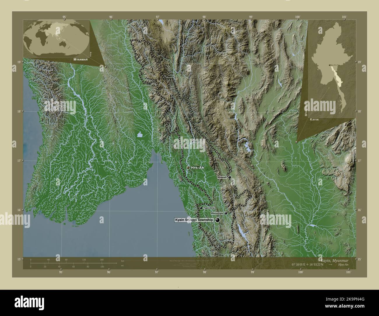 Kayin, state of Myanmar. Elevation map colored in wiki style with lakes ...