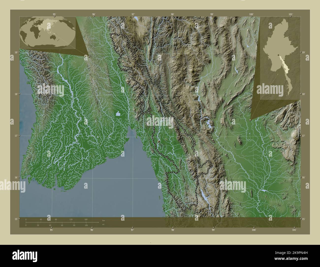 Kayin, state of Myanmar. Elevation map colored in wiki style with lakes ...