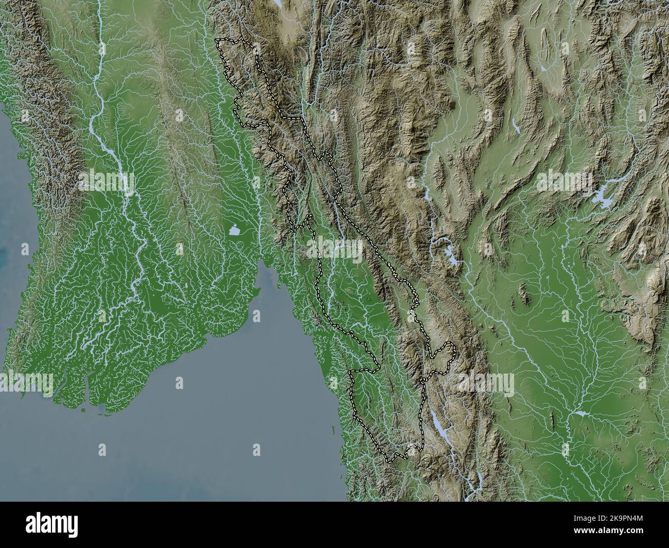 Kayin, state of Myanmar. Elevation map colored in wiki style with lakes ...