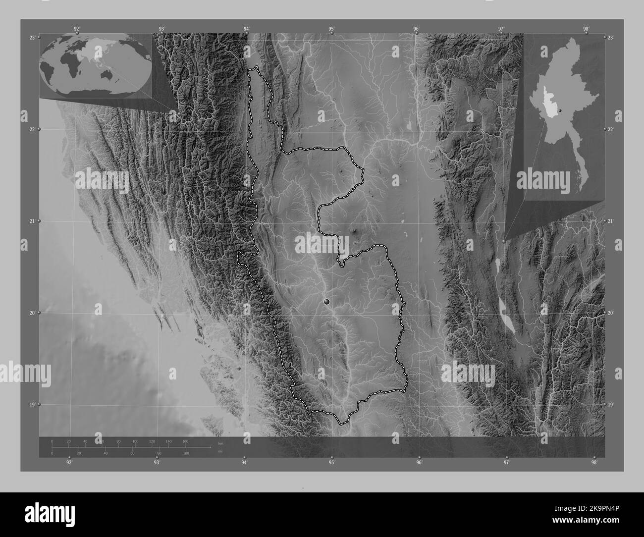 Magway, division of Myanmar. Grayscale elevation map with lakes and rivers. Corner auxiliary ...