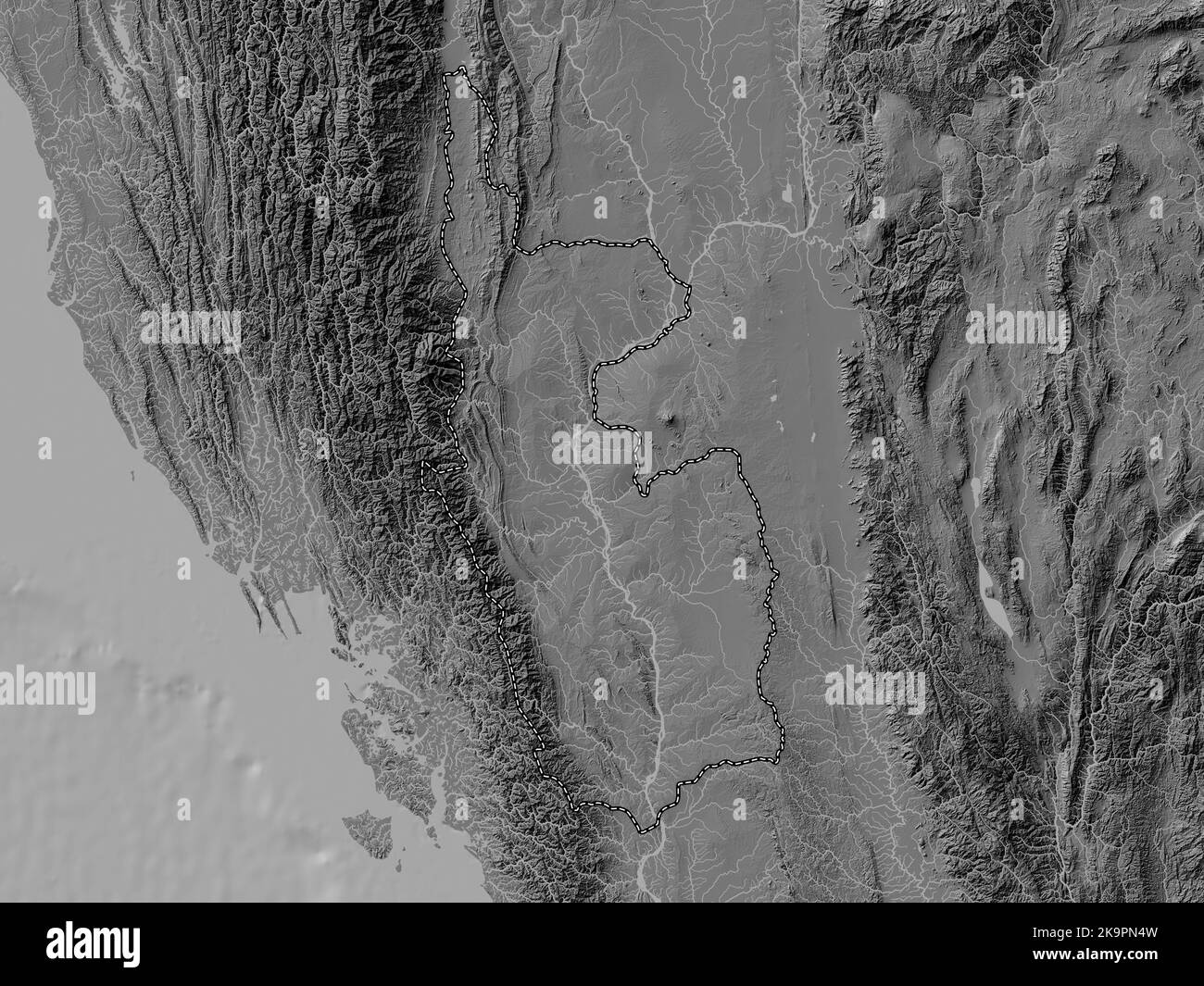 Magway, division of Myanmar. Bilevel elevation map with lakes and ...