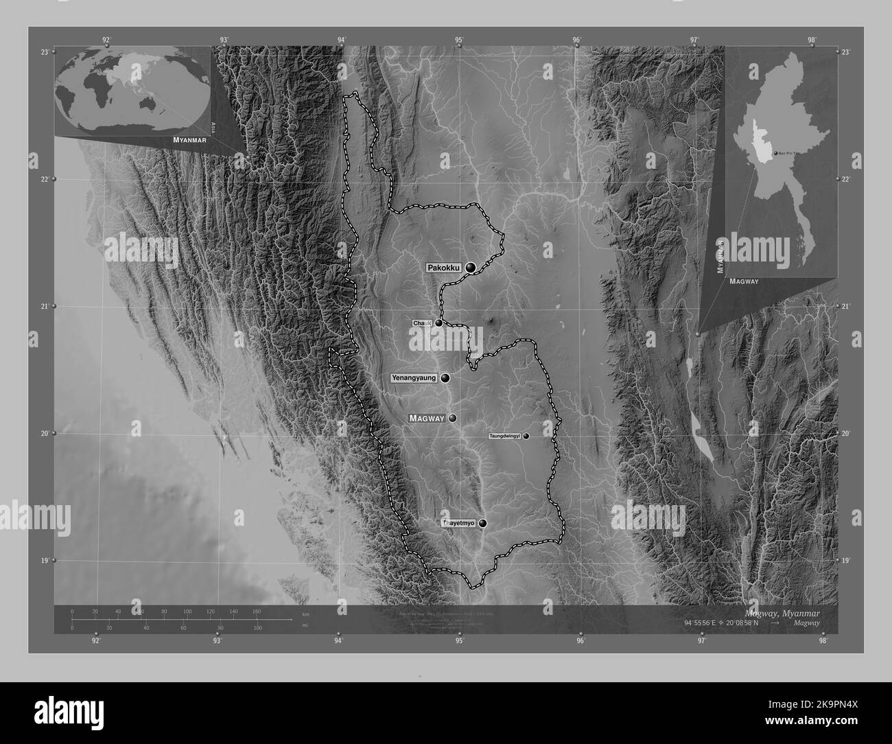 Magway, division of Myanmar. Grayscale elevation map with lakes and ...