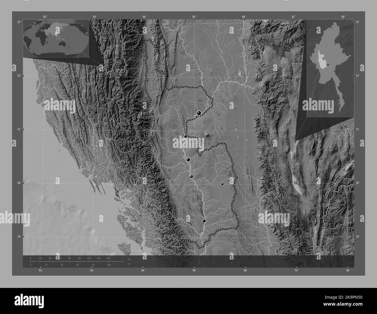 Magway, division of Myanmar. Bilevel elevation map with lakes and ...