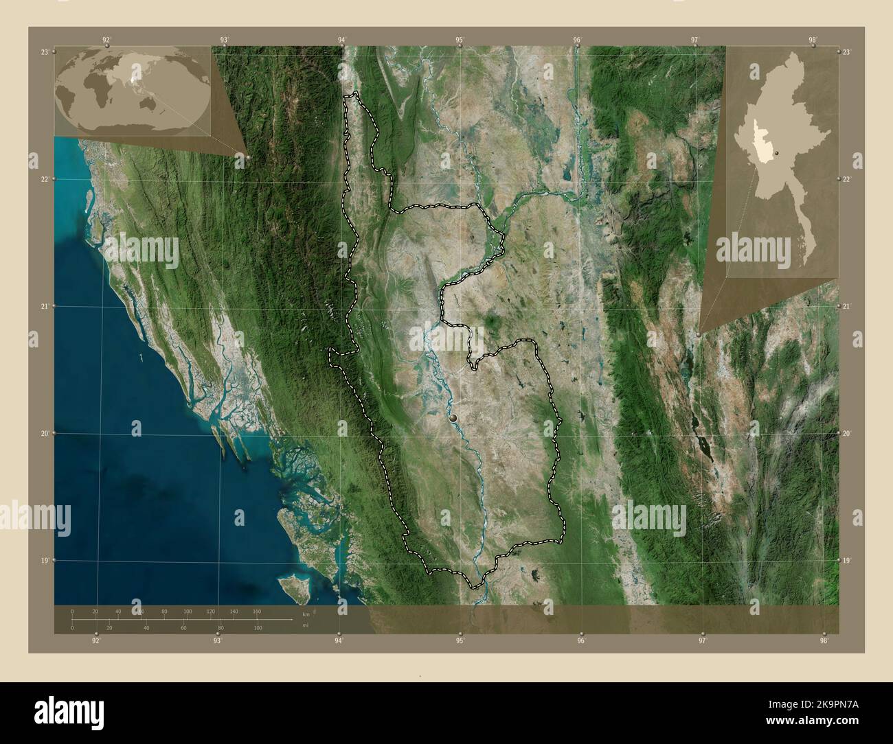 Magway, division of Myanmar. High resolution satellite map. Corner ...