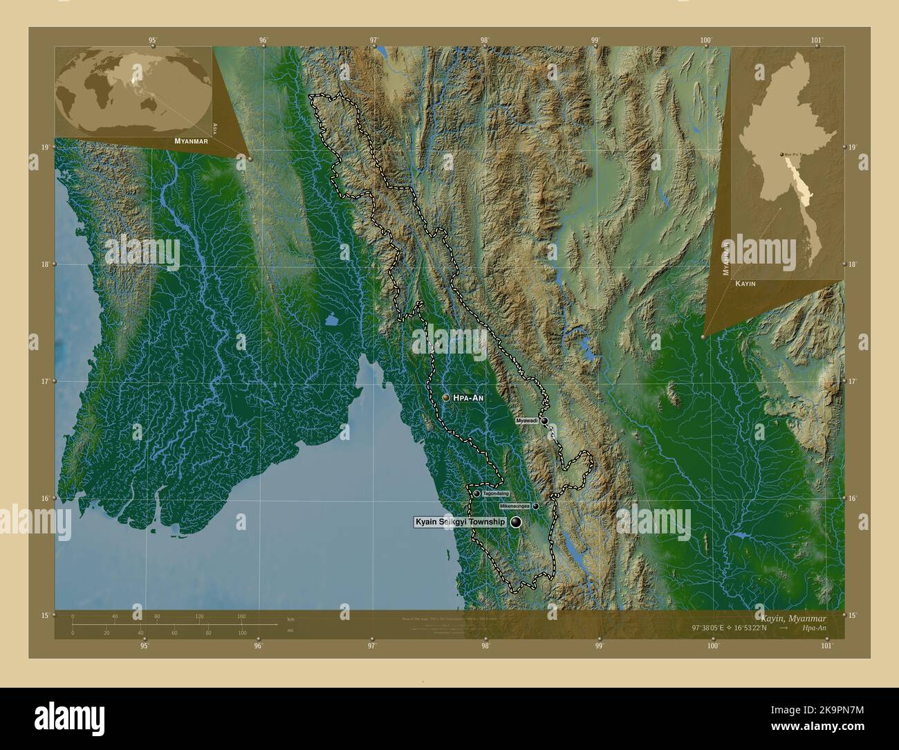 Kayin, state of Myanmar. Colored elevation map with lakes and rivers ...