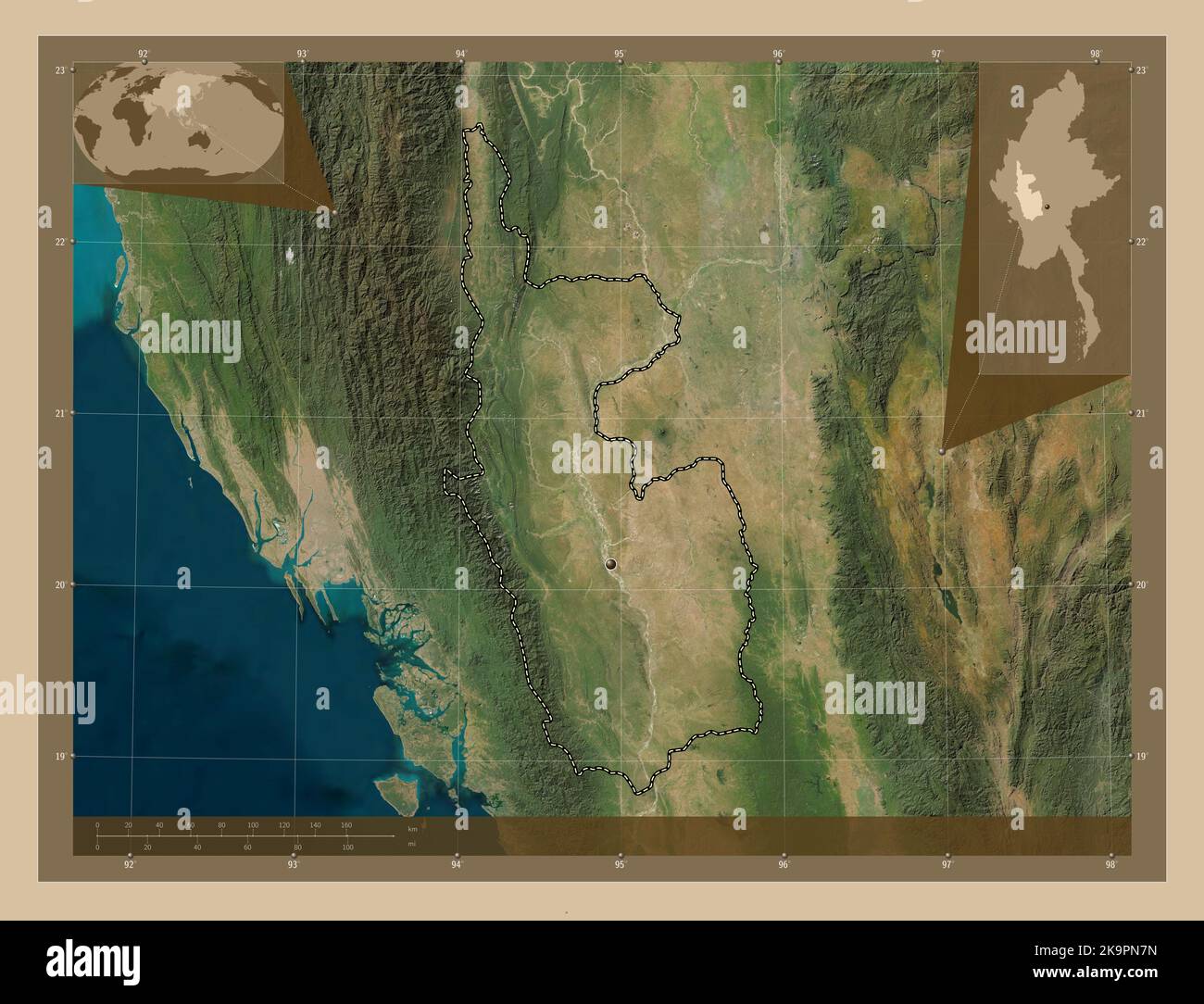 Magway, division of Myanmar. Low resolution satellite map. Corner ...